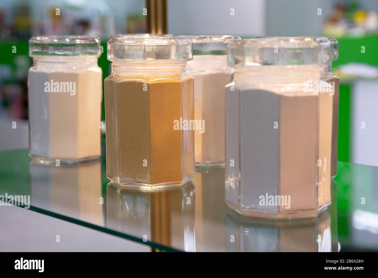 Samples of food additives and flavorings in the window. Food processing ...