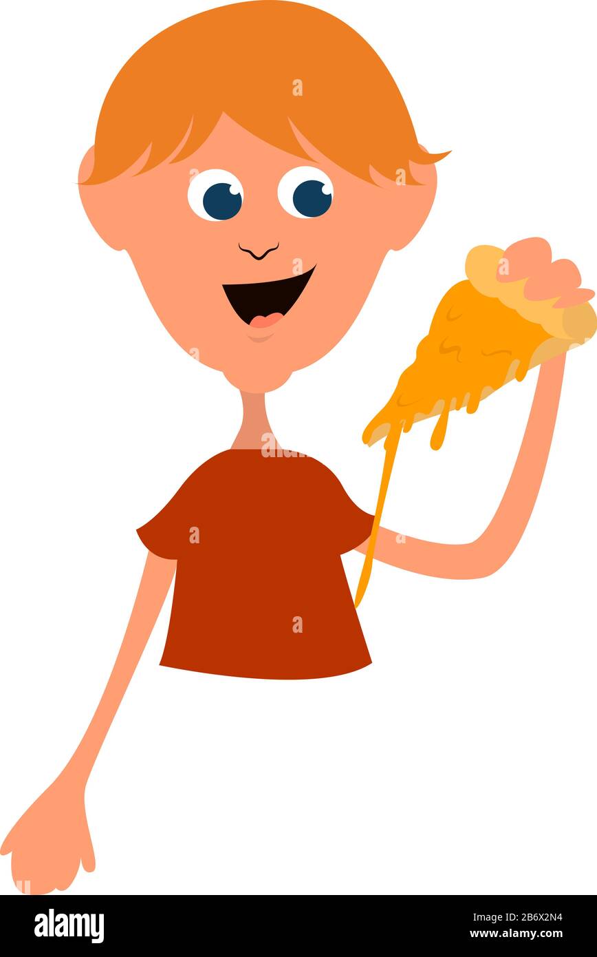 Boy with pizza, illustration, vector on white background Stock Vector ...