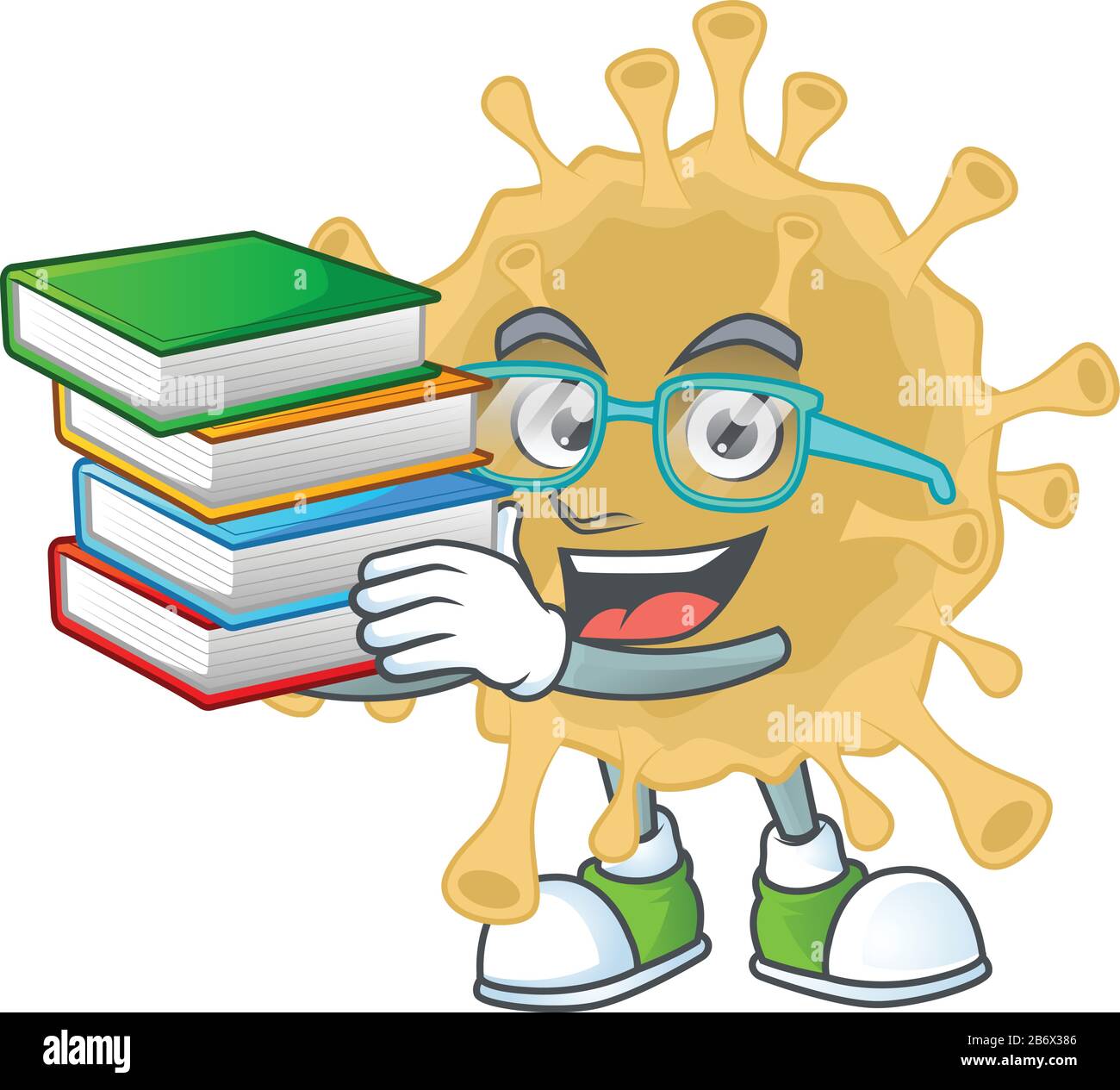 A hard-working student in coronavirus particle cartoon design with book ...