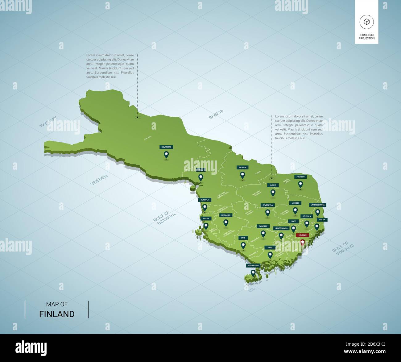 Stylized map of Finland. Isometric 3D green map with cities, borders ...