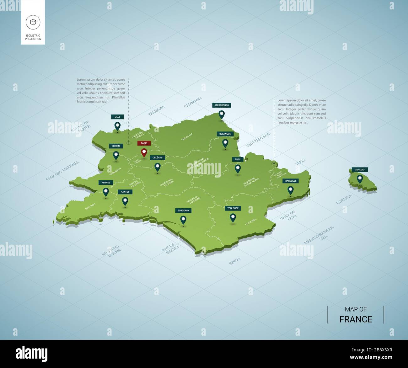 Stylized map of France. Isometric 3D green map with cities, borders ...