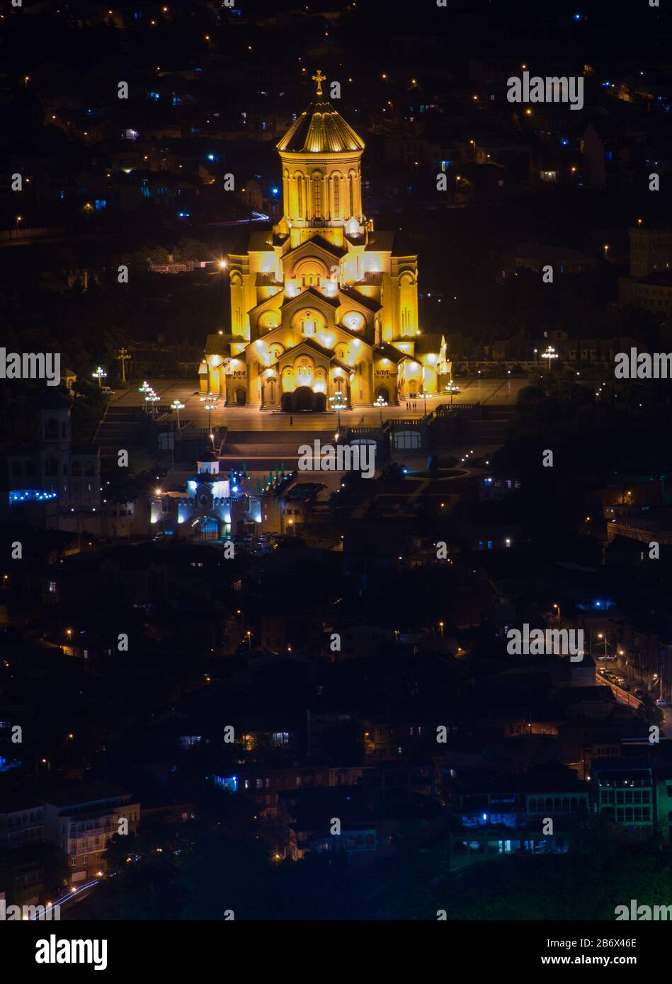 The Holy Trinity Cathedral (Sameba) of Tbilisi at night. Illuminated ...