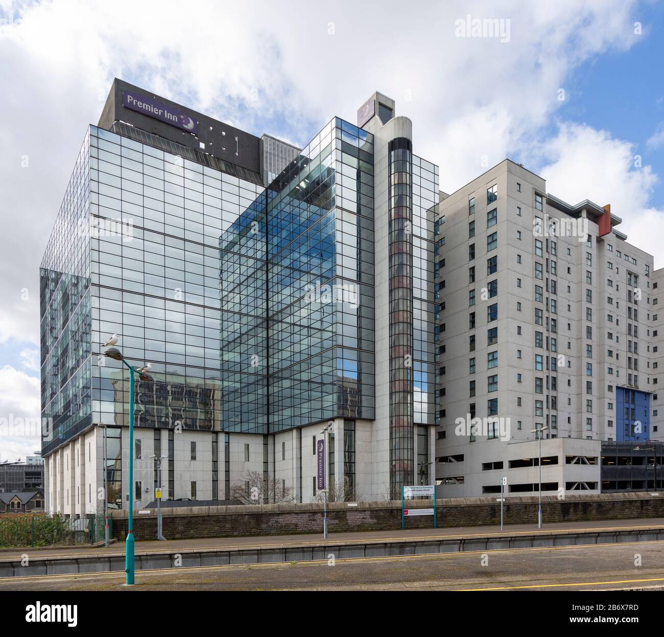 Modern architecture Premier Inn Cardiff City centre hotel building seen ...