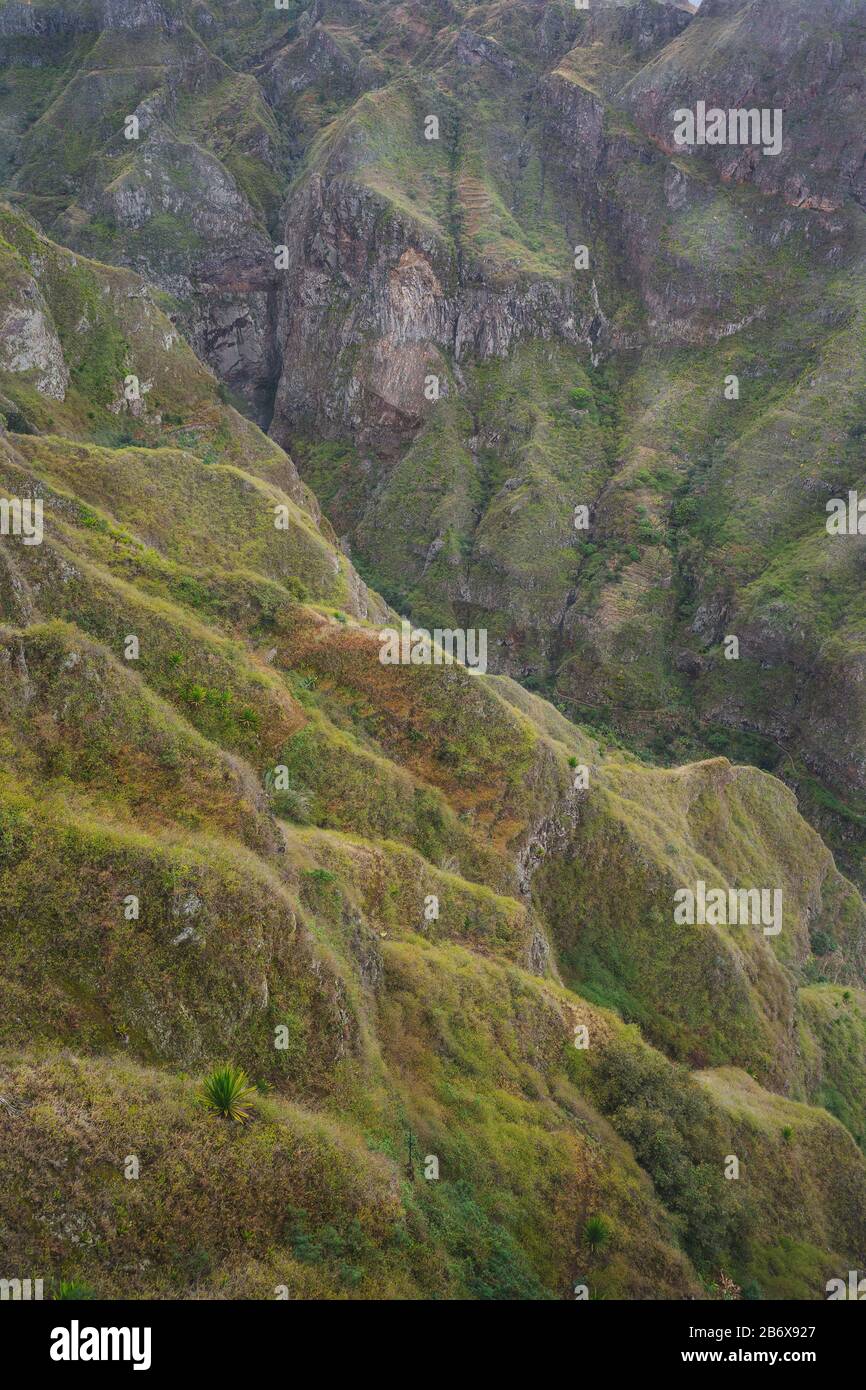 Santo Antao, Cape Verde. Mountain ridge pattern of canyon with steep ...