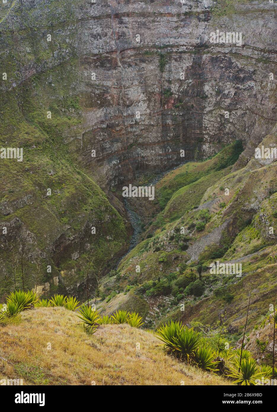 Santo Antao, Cape Verde. Mountain ridge with dry waterfall of canyon ...