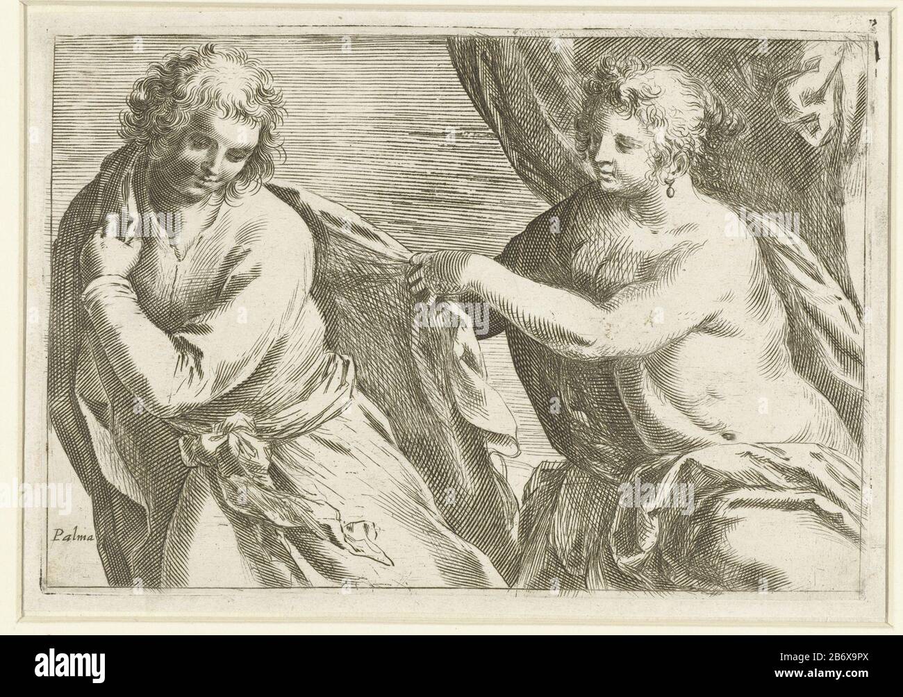 Jozef en de vrouw van Potifar the wife of Potiphar, sitting on her bed ...