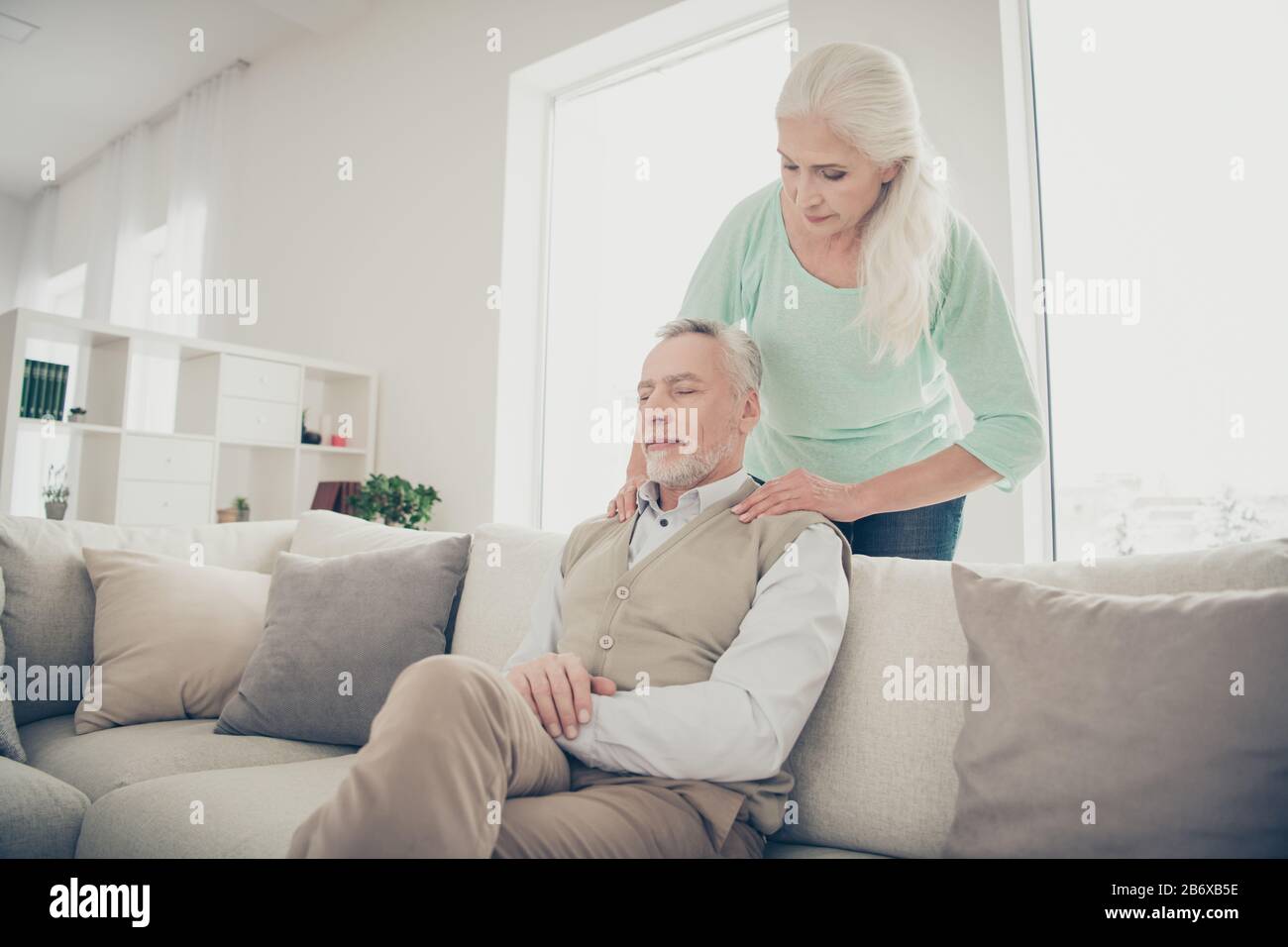 Photo of positive calm peaceful handsome granddad getting perfect back ...