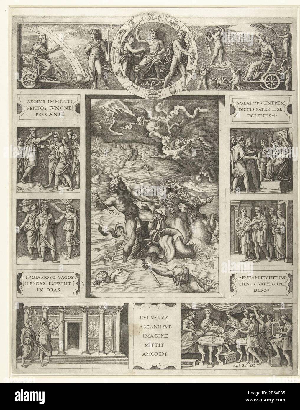 Jupiter calms the storm at sea in rectangular frame with nine scenes ...