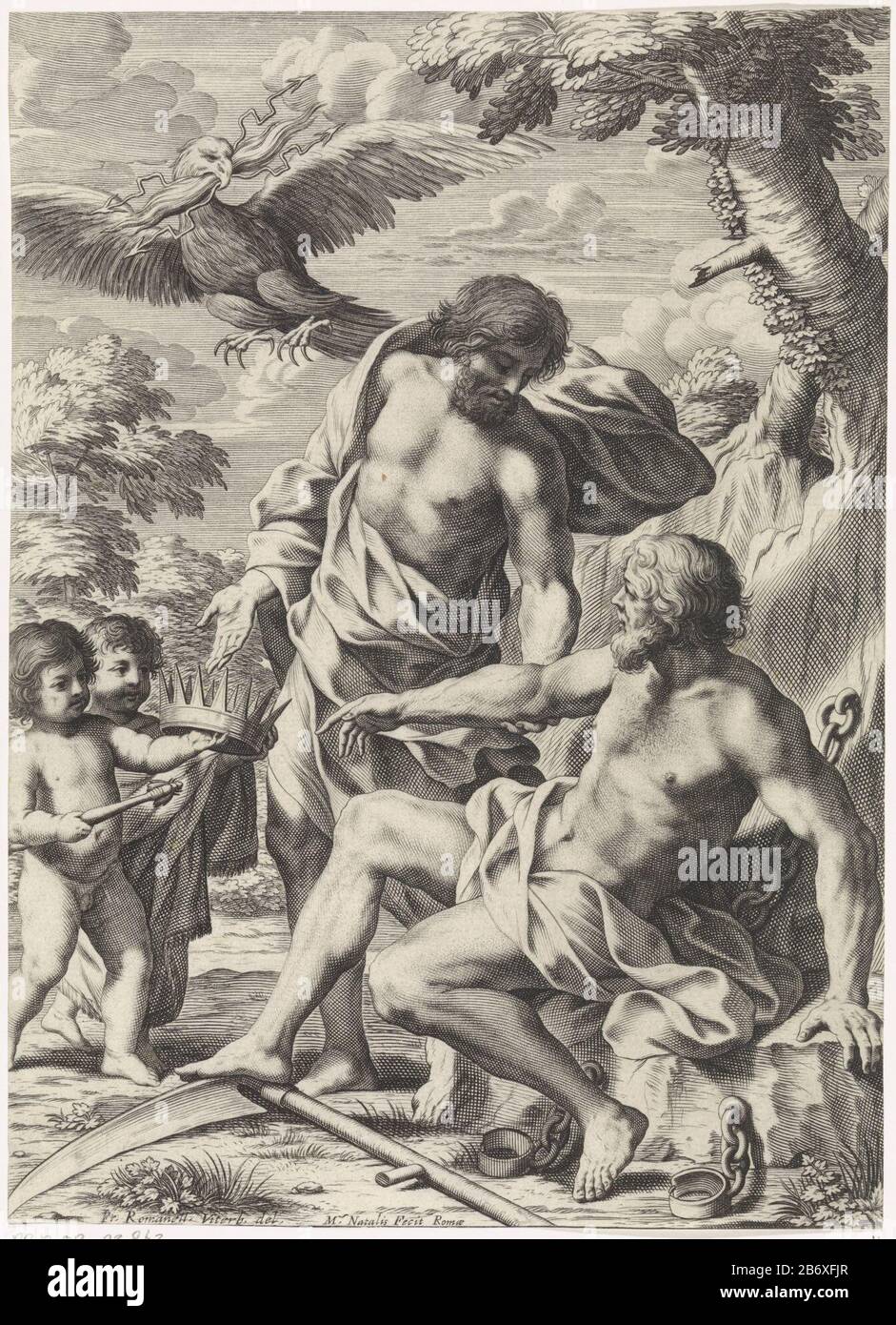 Jupiter en Saturnus Saturn, his scythe under his feet, sits on a rock ...