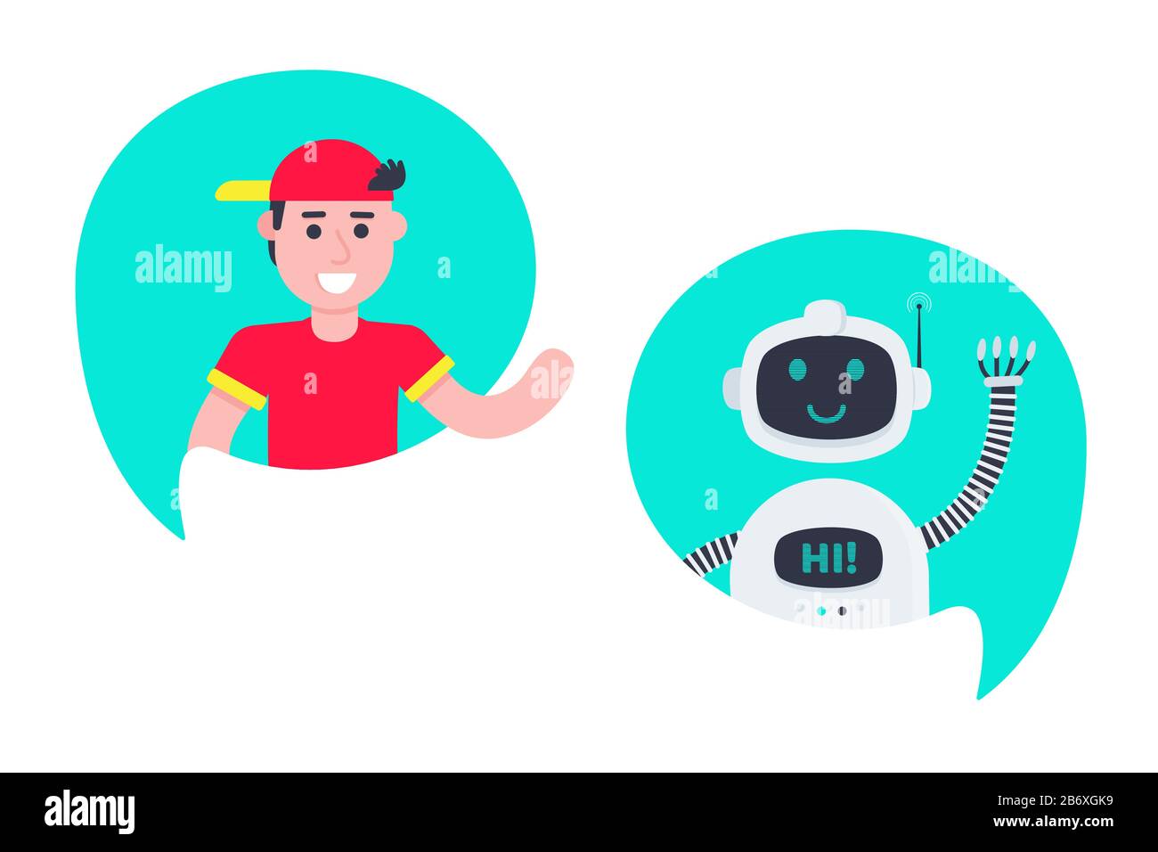 Robot chatbot head icon sign in the speech bubble talking with boy flat ...
