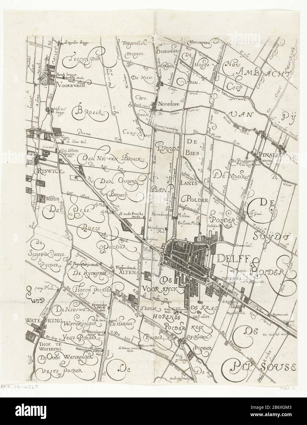 Kaart van Delfland (blad midden) Ware afbeeldinghe van Delflandt (titel ...