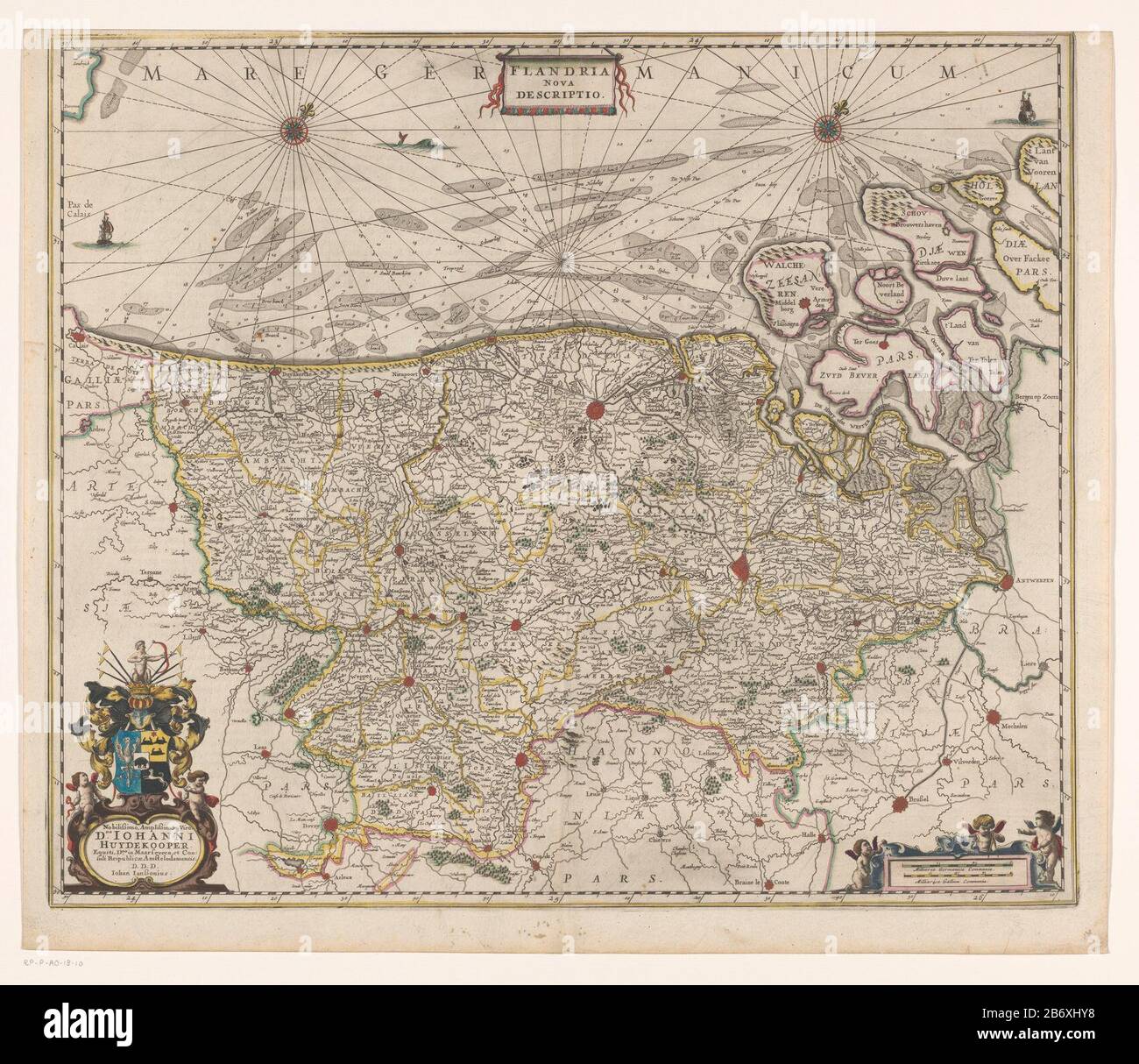 Kaart van Vlaanderen en Zeeland Flandria nova descriptio (titel op ...