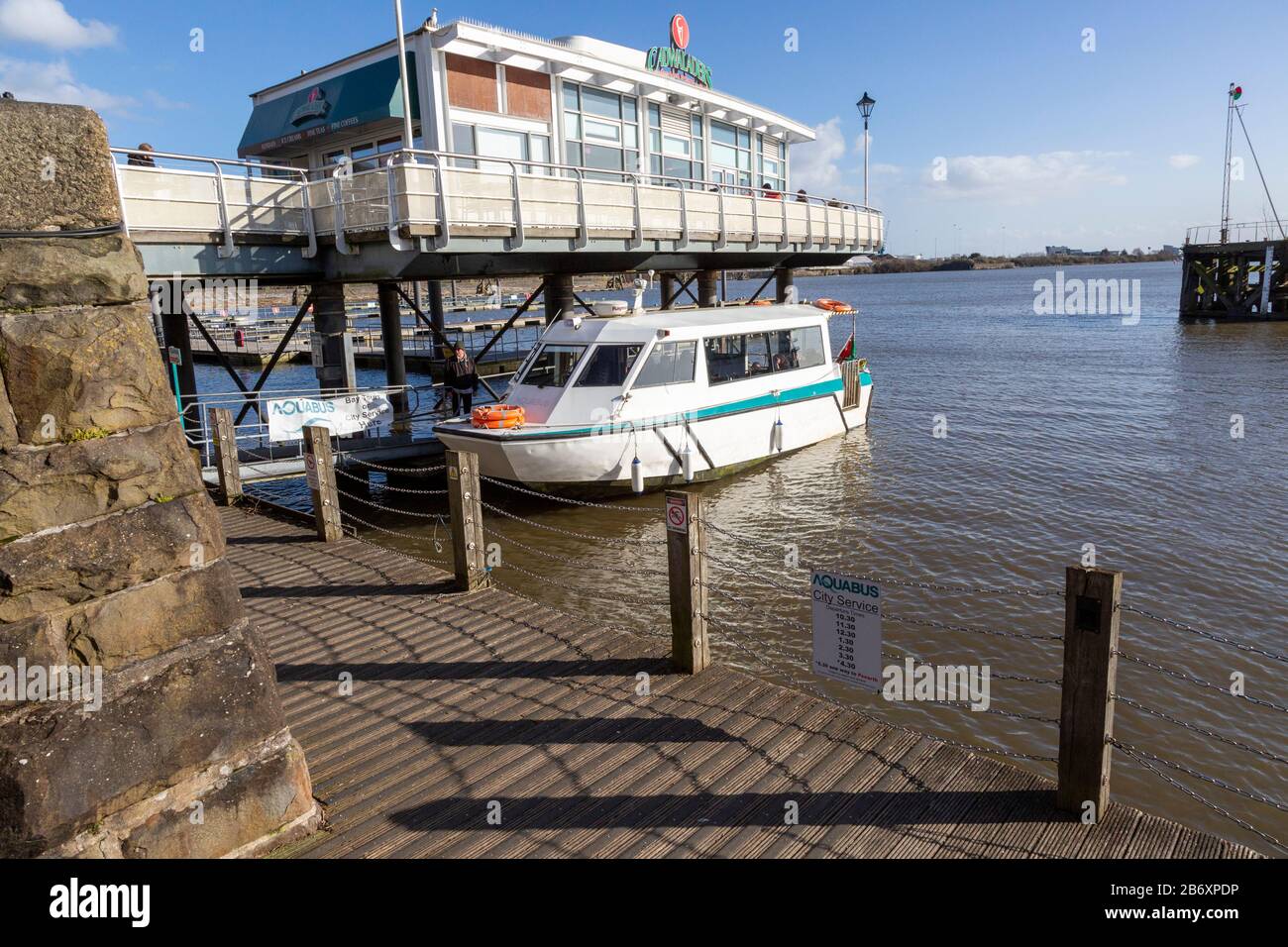 Aquabus boat at Mermaid Quay, Cardiff Bay redevelopment, Cardiff, South ...