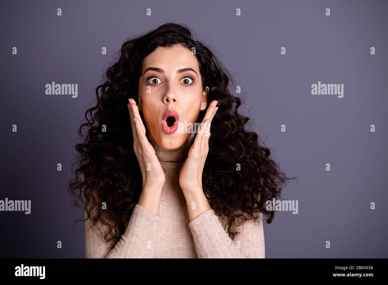 Close up photo beautiful she her lady oh no facial expression hands ...