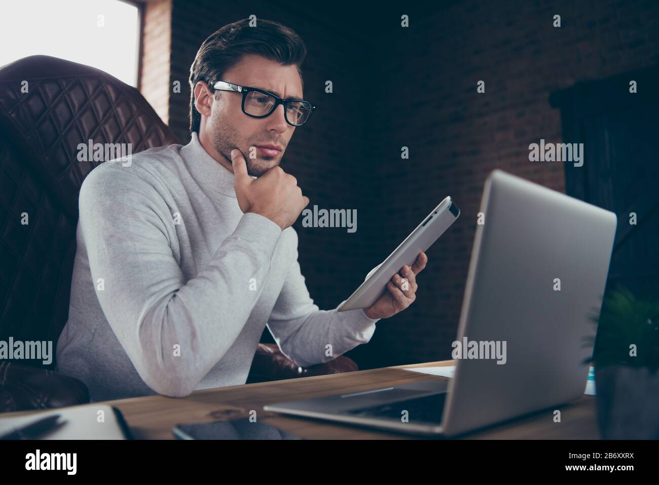 Profile side view portrait of attractive intellectual leader financier ...