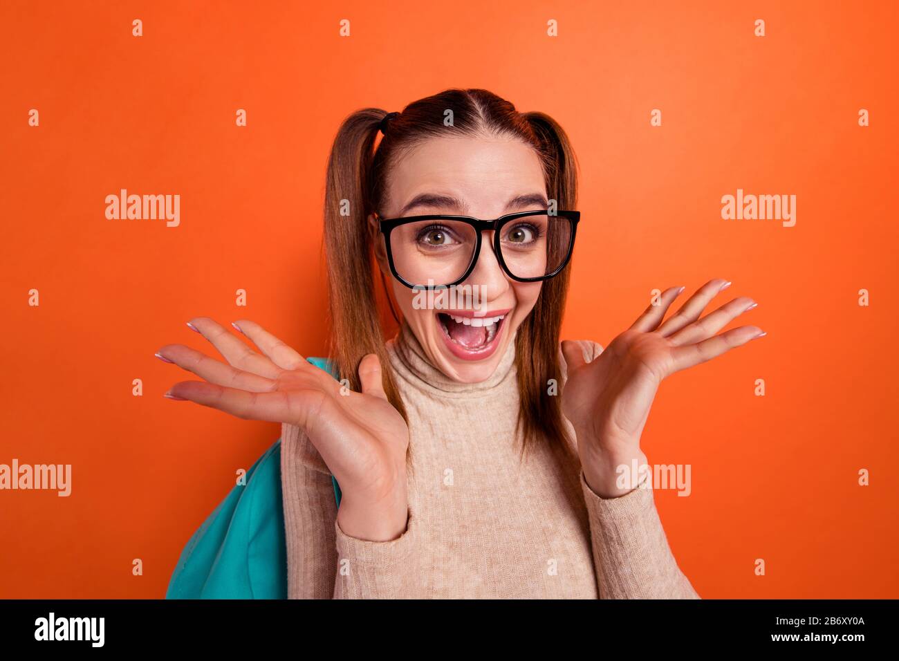 Close up photo beautiful amazing she her lady yelling smart ecstatic ...
