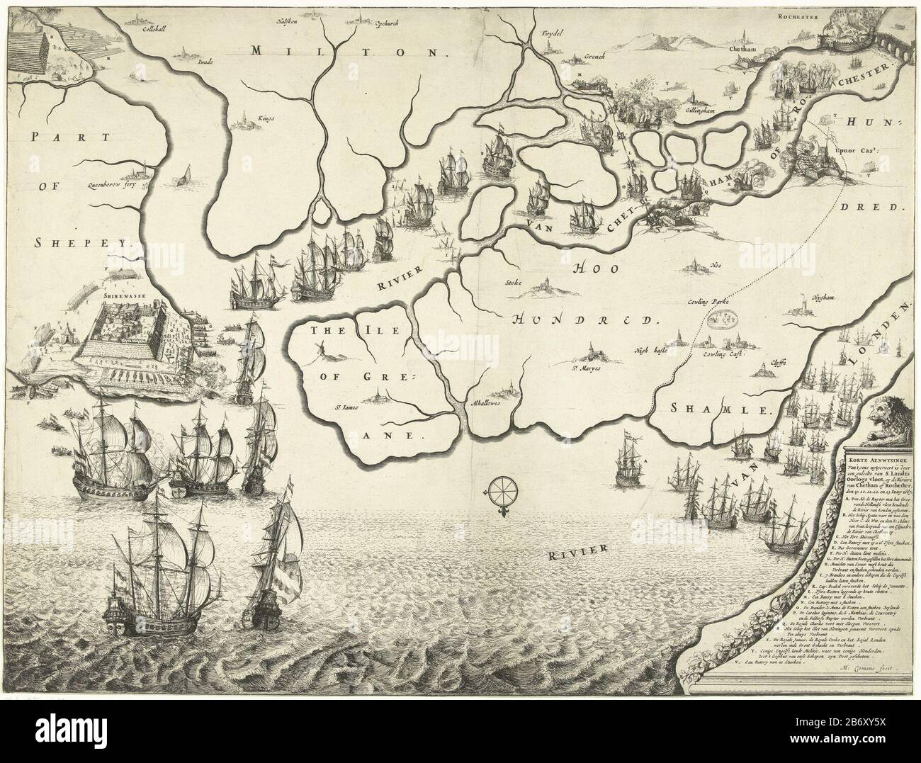 Kaart van monding van de Theems met de Tocht naar Chatham, 1667 Map of ...