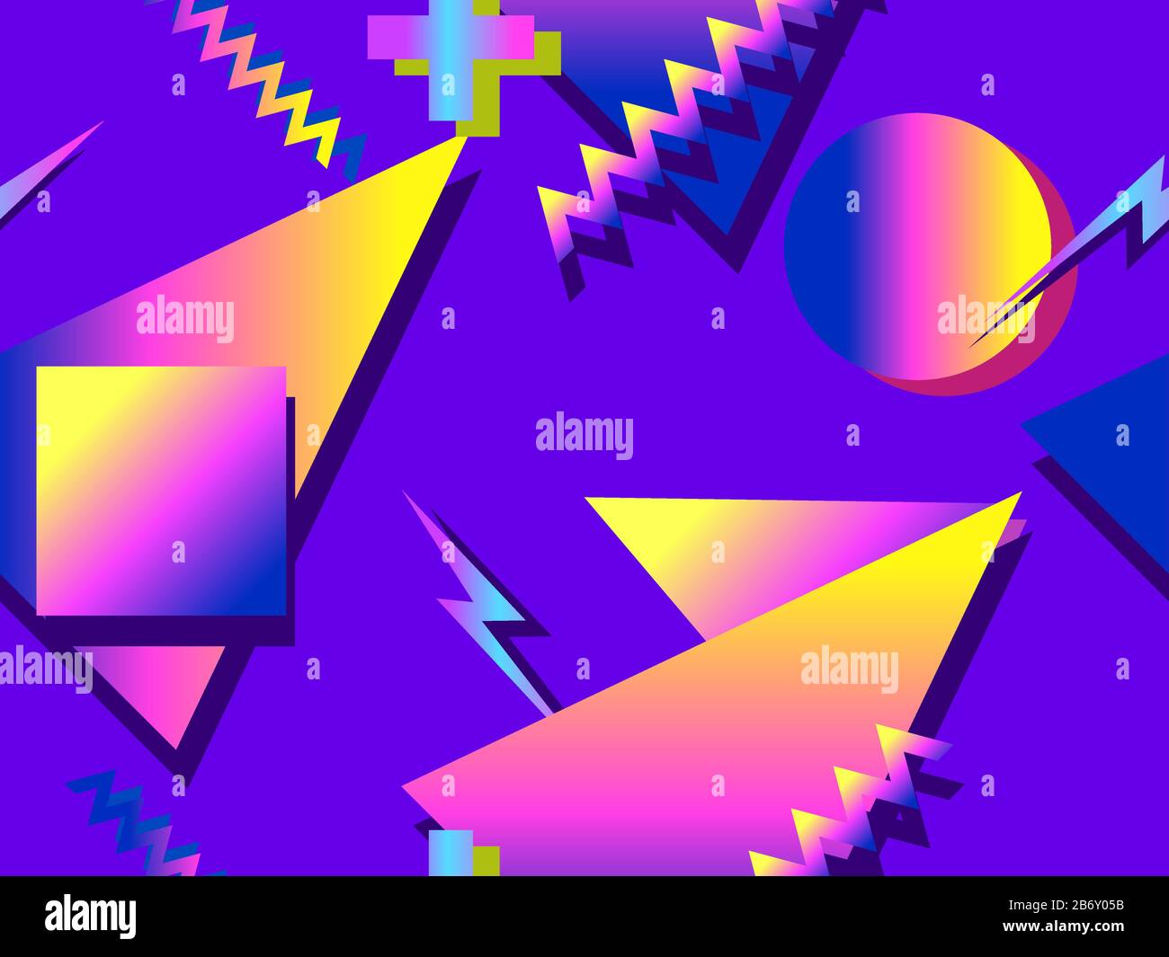 Seamless pattern in the style of the 80s and 90s with colorful gradient geometric shapes ...