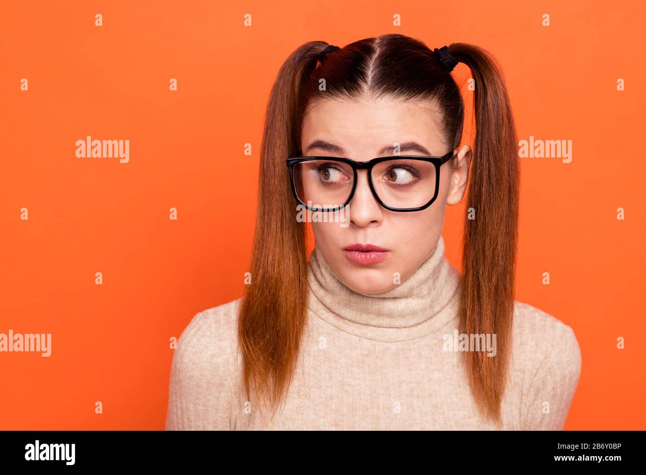 Close up photo of disappointed horrified lady look suspicious careful ...