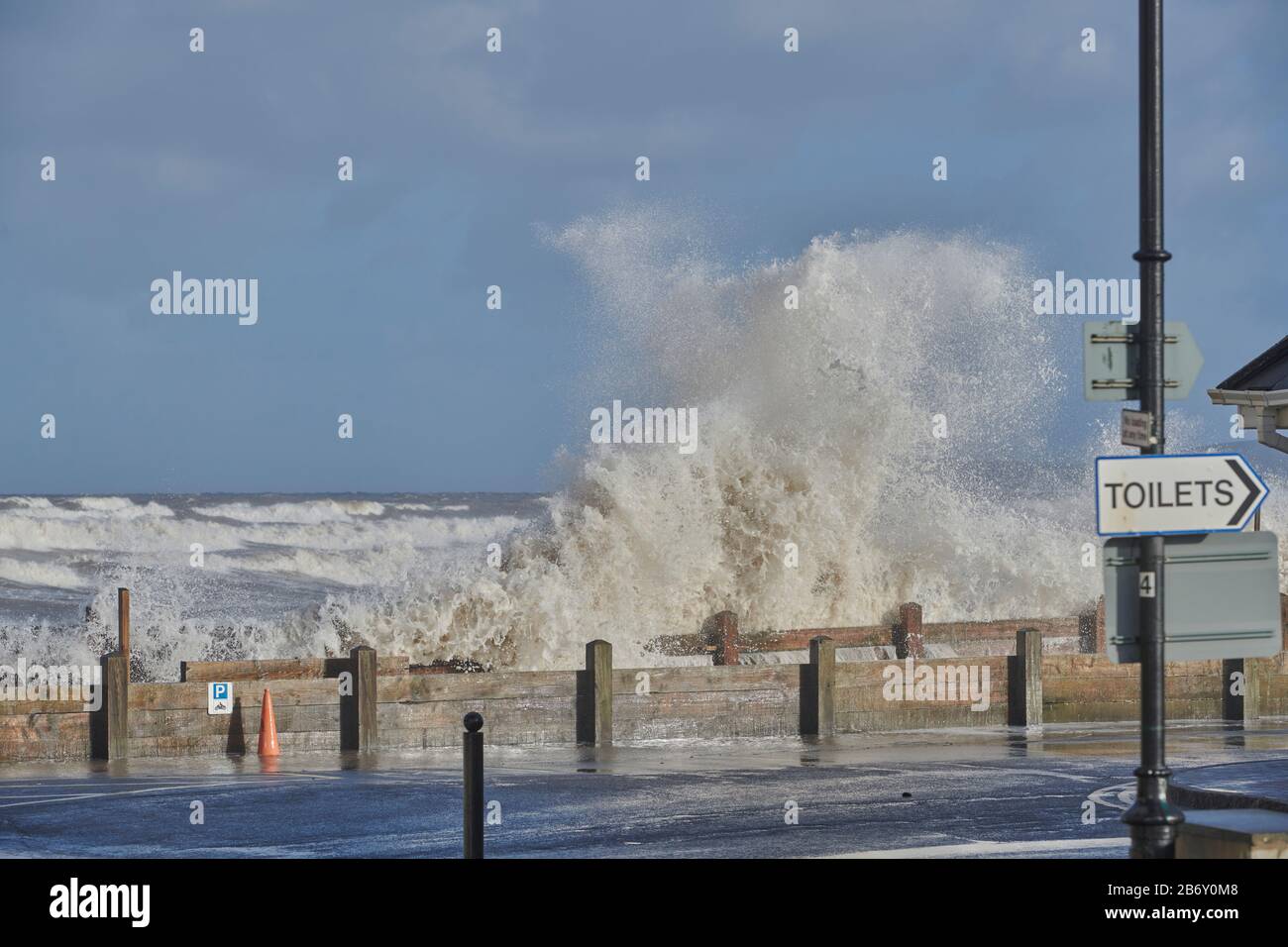 Large waves crash into the Beach Bar at Westward Ho! , Devon during an ...