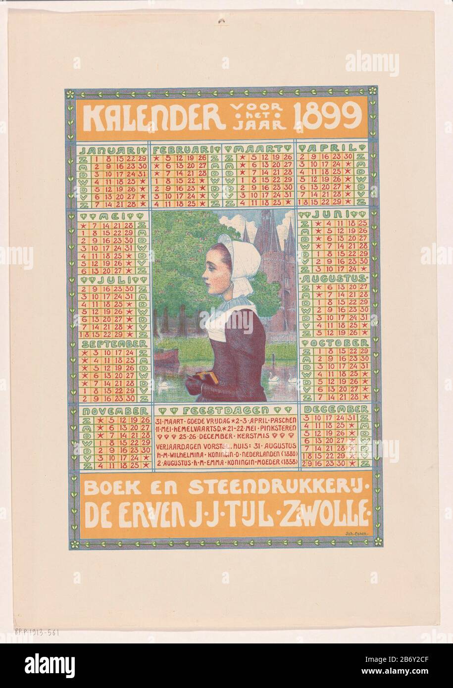 Kalender voor het jaar 1899 A woman with a hood on his head, walking to ...