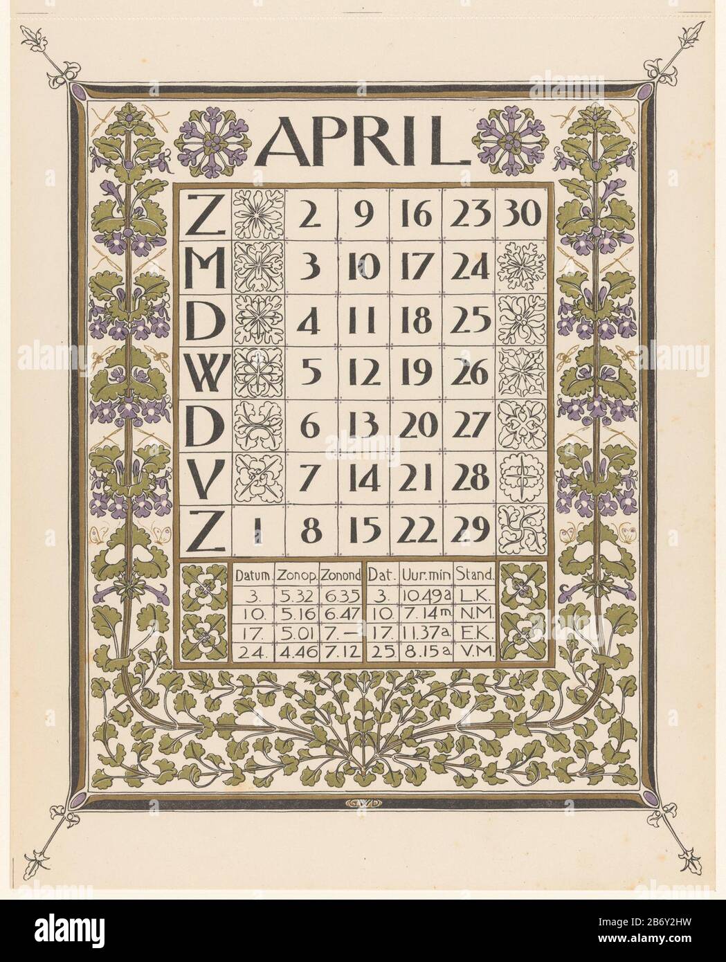 Kalenderblad voor april 1899 A rectangular frame filled with days of ...
