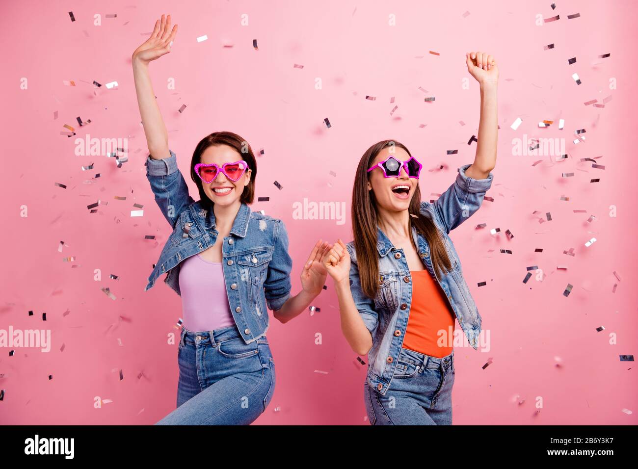 Close up photo beautiful she her sisters ladies festive hands raised ...
