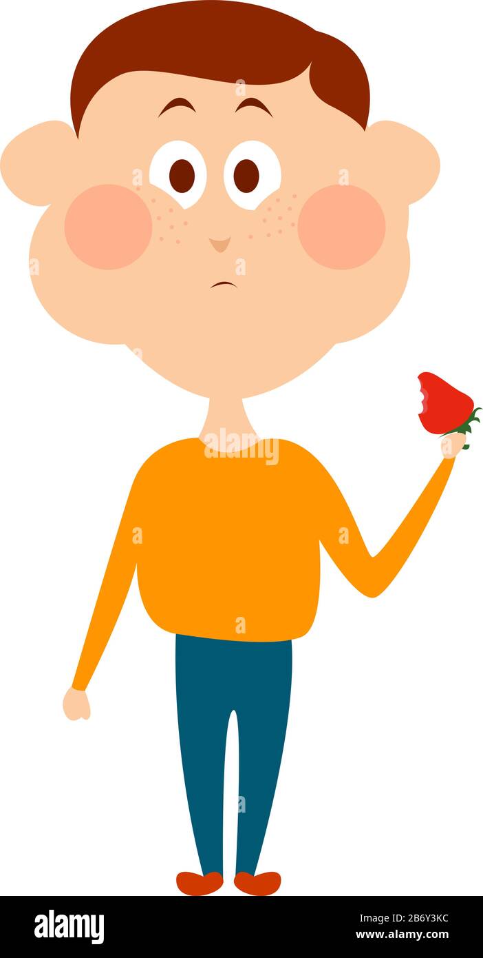 Boy with strawberry, illustration, vector on white background Stock ...