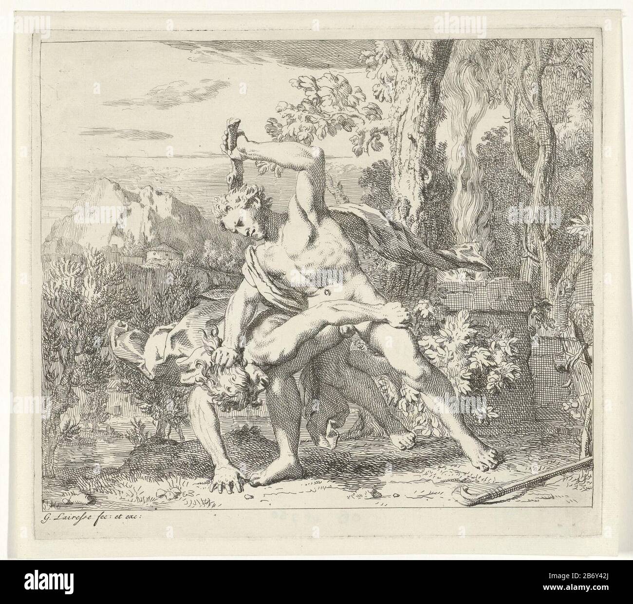 Cain stands with raised bones about to beat Abel. He Abel by his hair ...