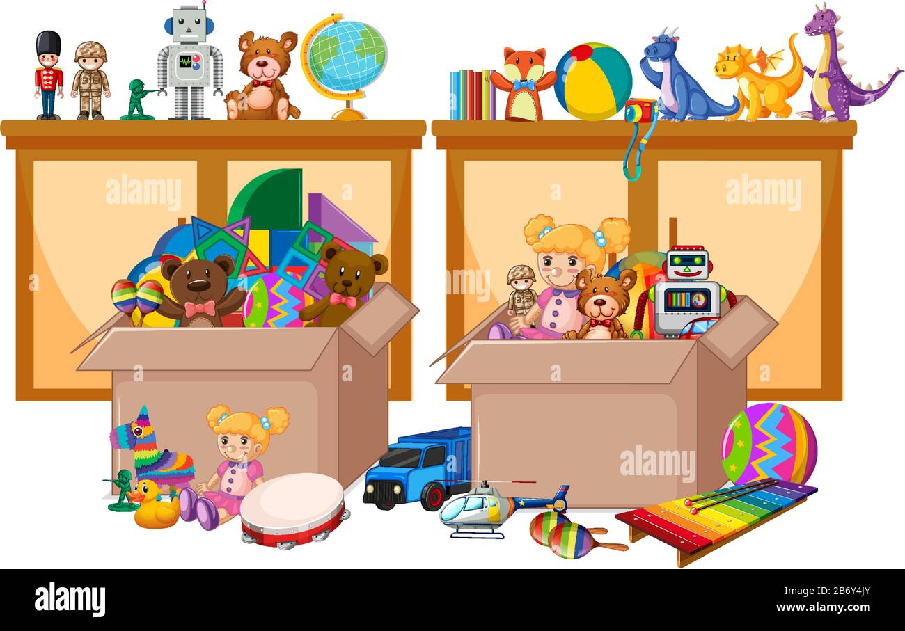 Shelf and box full of toys on white background illustration Stock ...