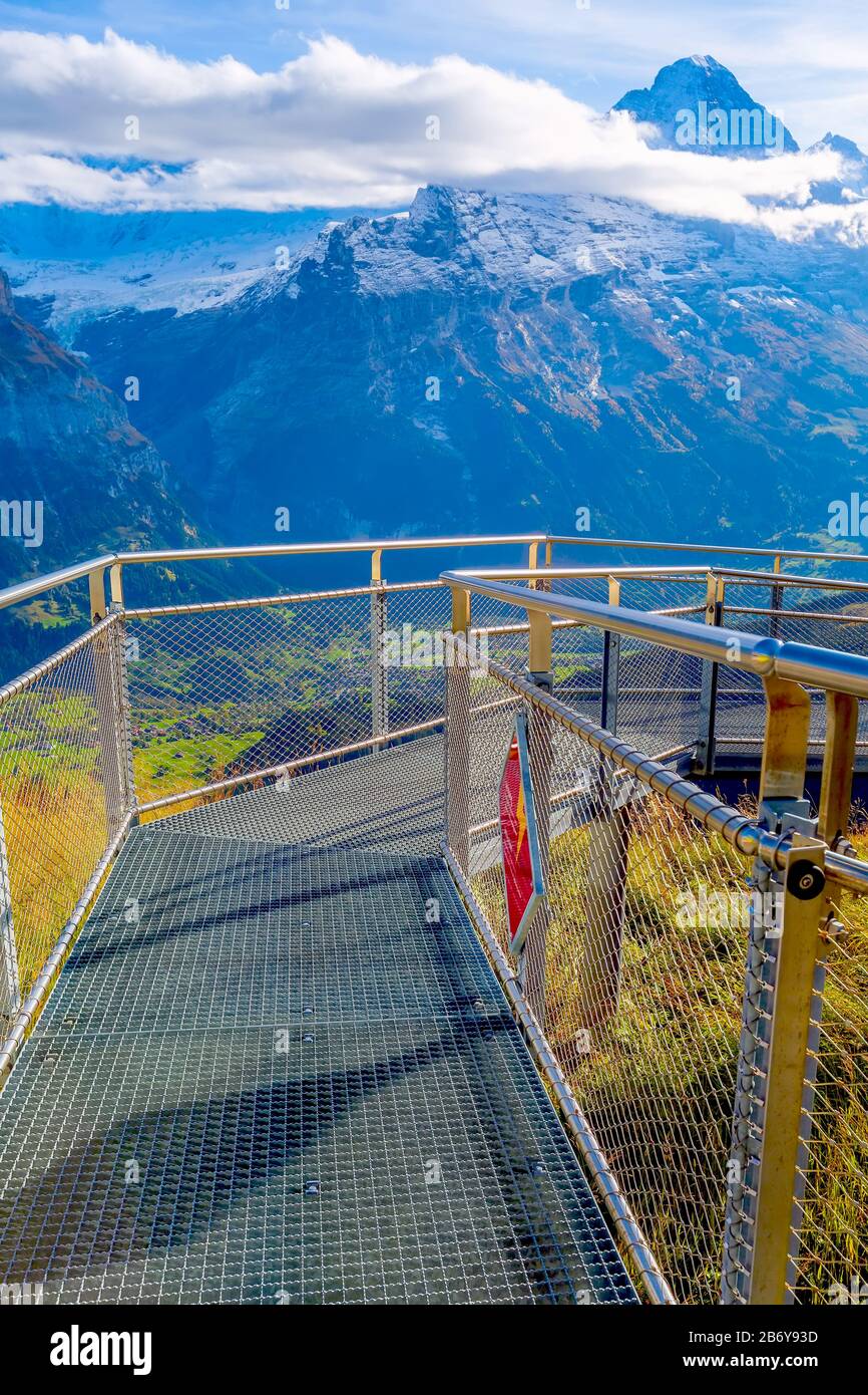 Grindelwald, Switzerland landmark sky cliff walk metal bridge at First ...