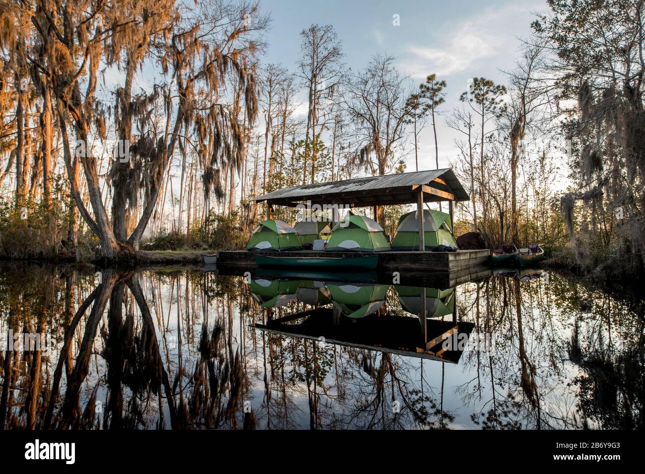 Tents set up on a platform in the Okefenokee swamp of Georgia for canoe ...