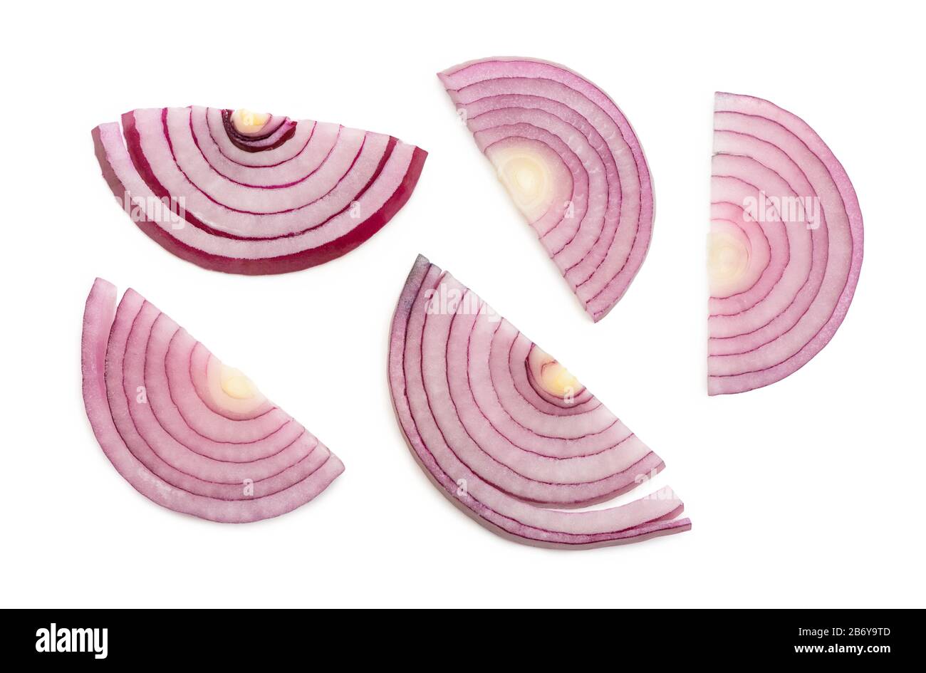 Red onion half moon slices on white background Stock Photo - Alamy
