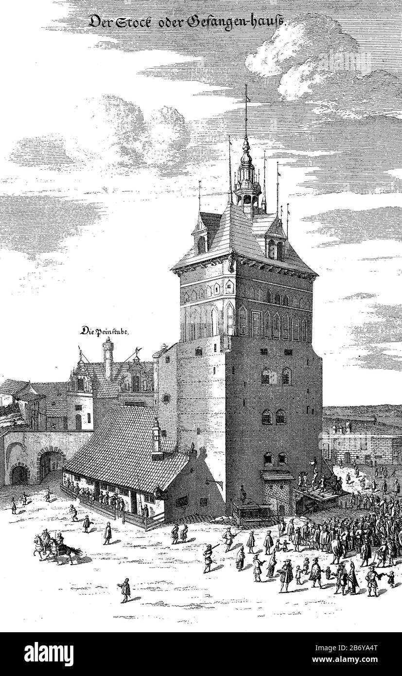 Public flogging in front of the floor tower in Gdansk, Poland, late ...