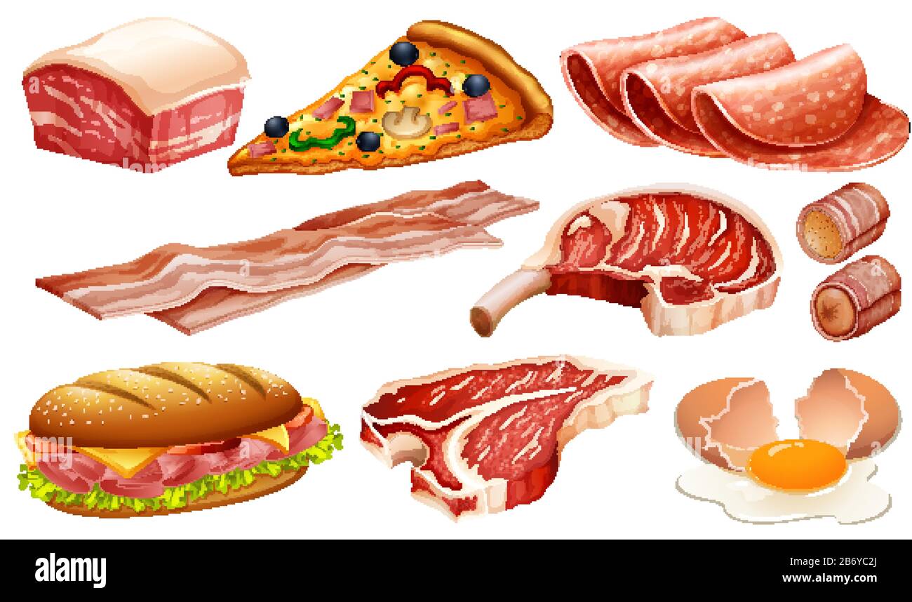 Set of different meat products on white background illustration Stock ...