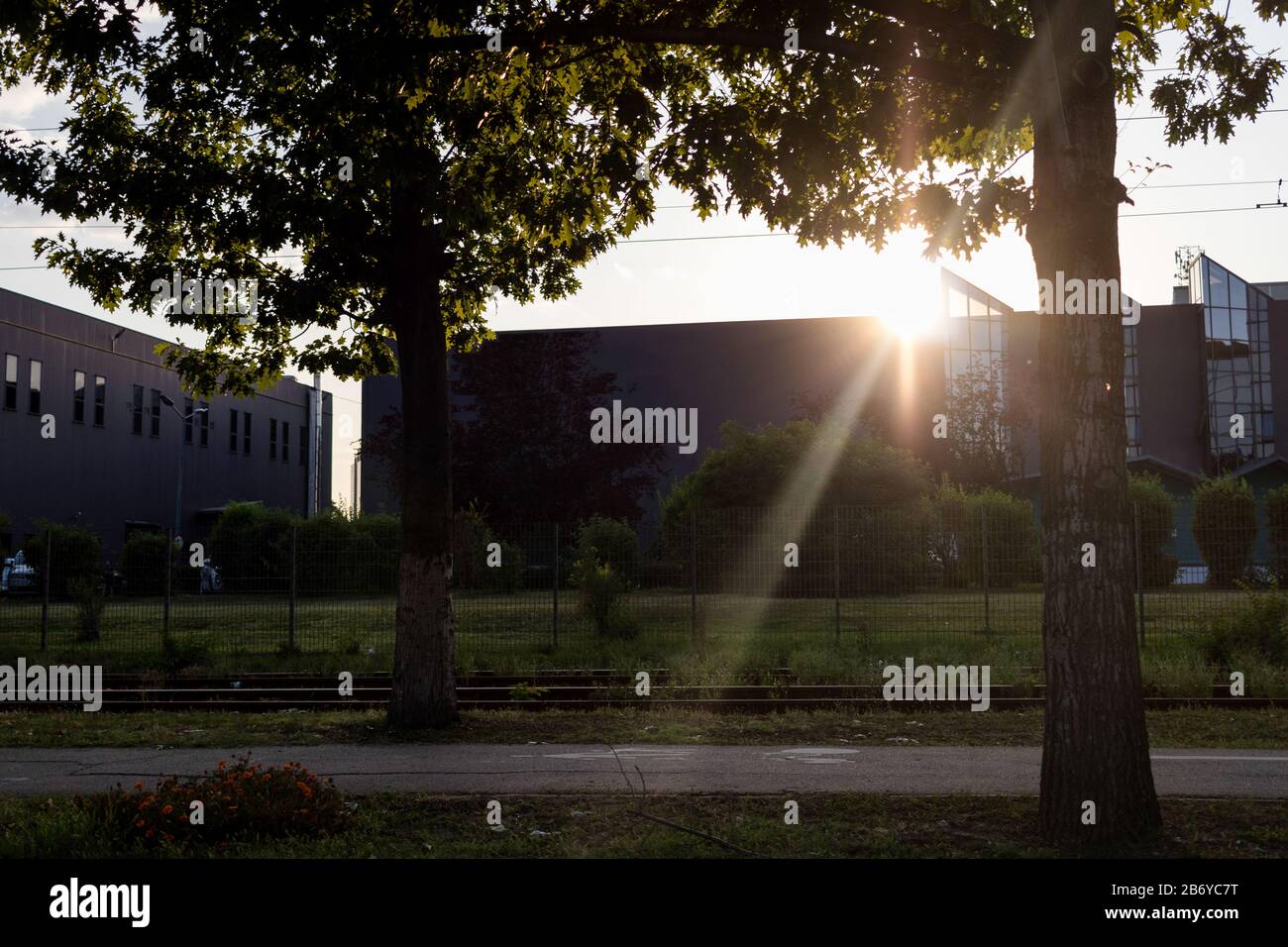 Sun setting behind office building with trees in front Stock Photo - Alamy