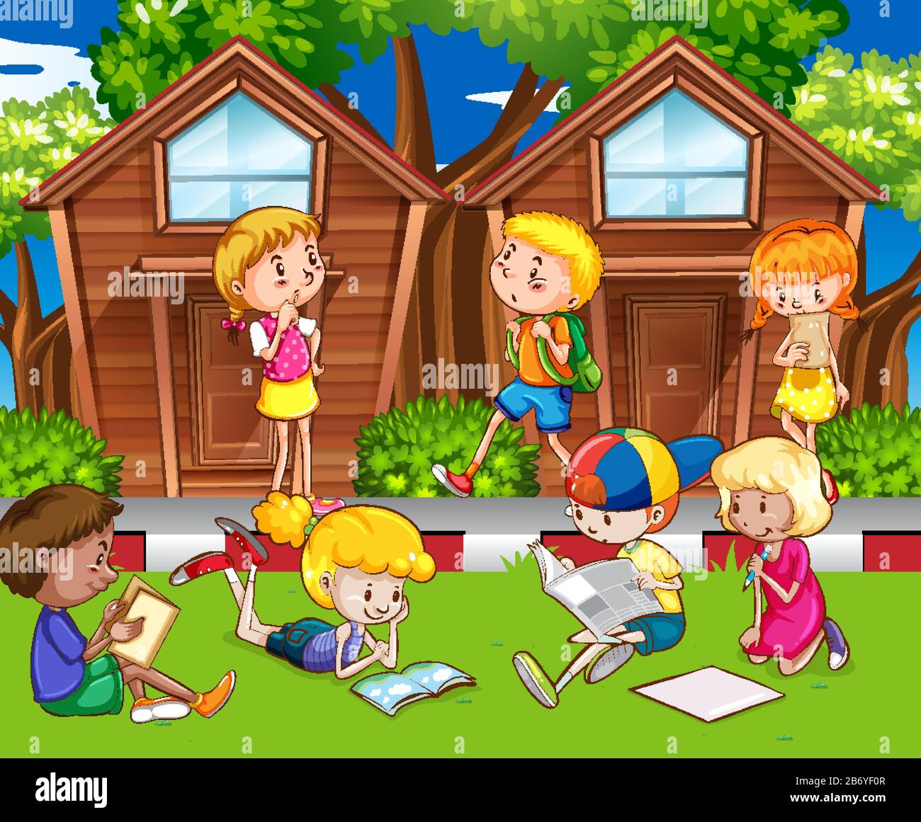 Scene with many children reading and playing in the park illustration ...