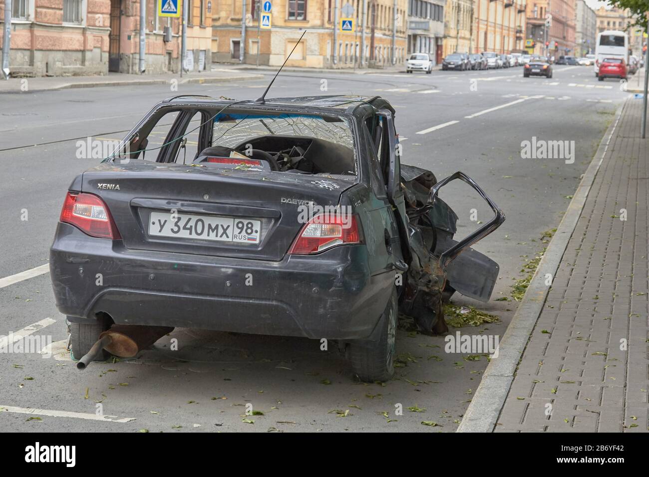 Saint Petersburg, Russia-June 08, 2019: a crashed car is a typical ...