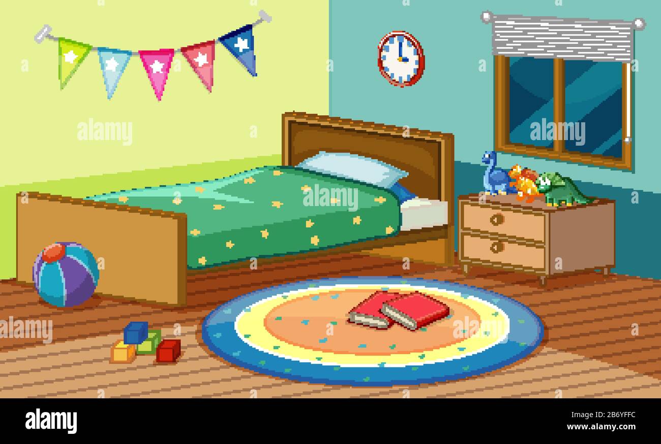 Bedroom scene with bed and many toys in the room illustration Stock ...