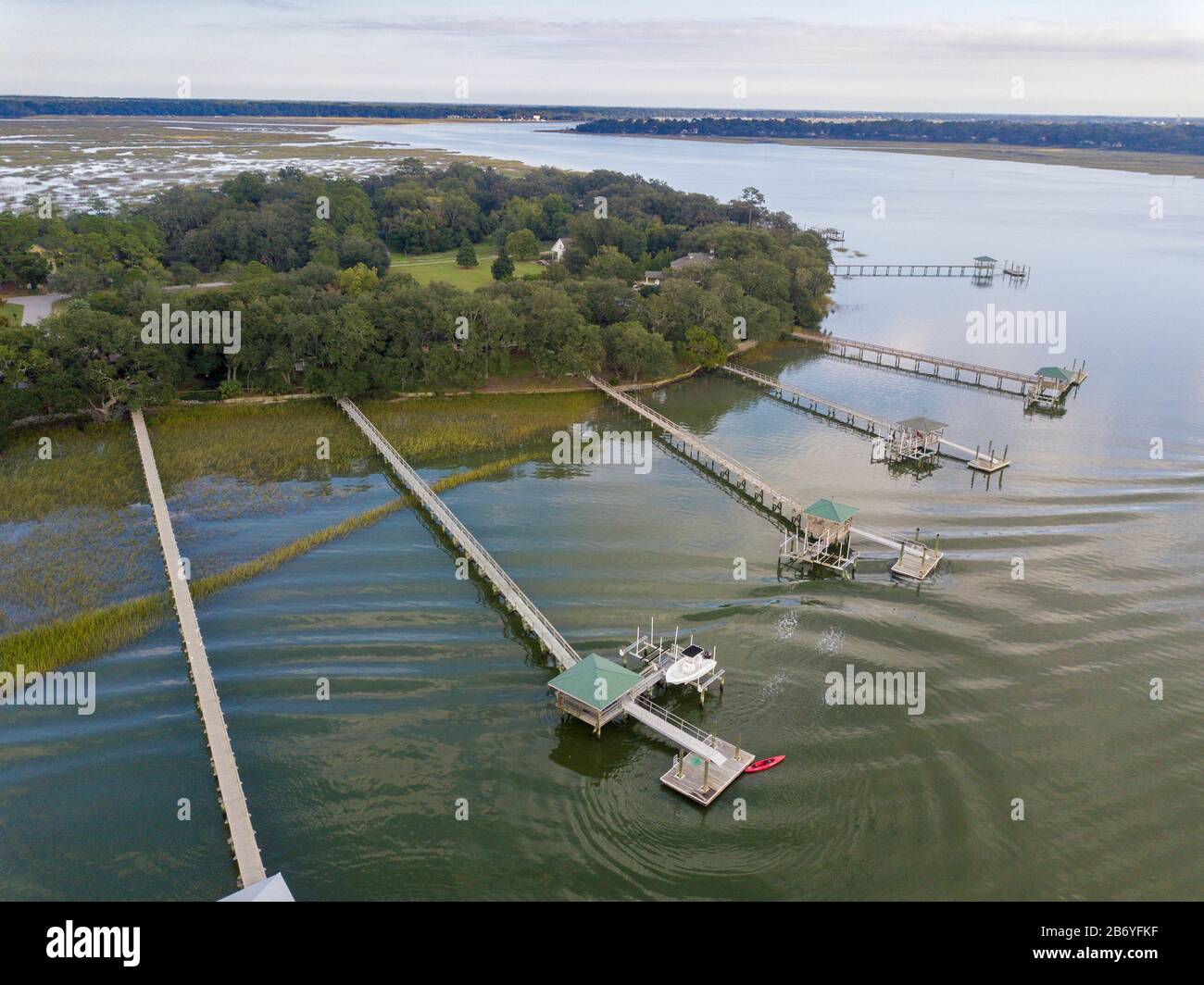 Aerial view of docks and homes along the coast in Beaufort, South ...