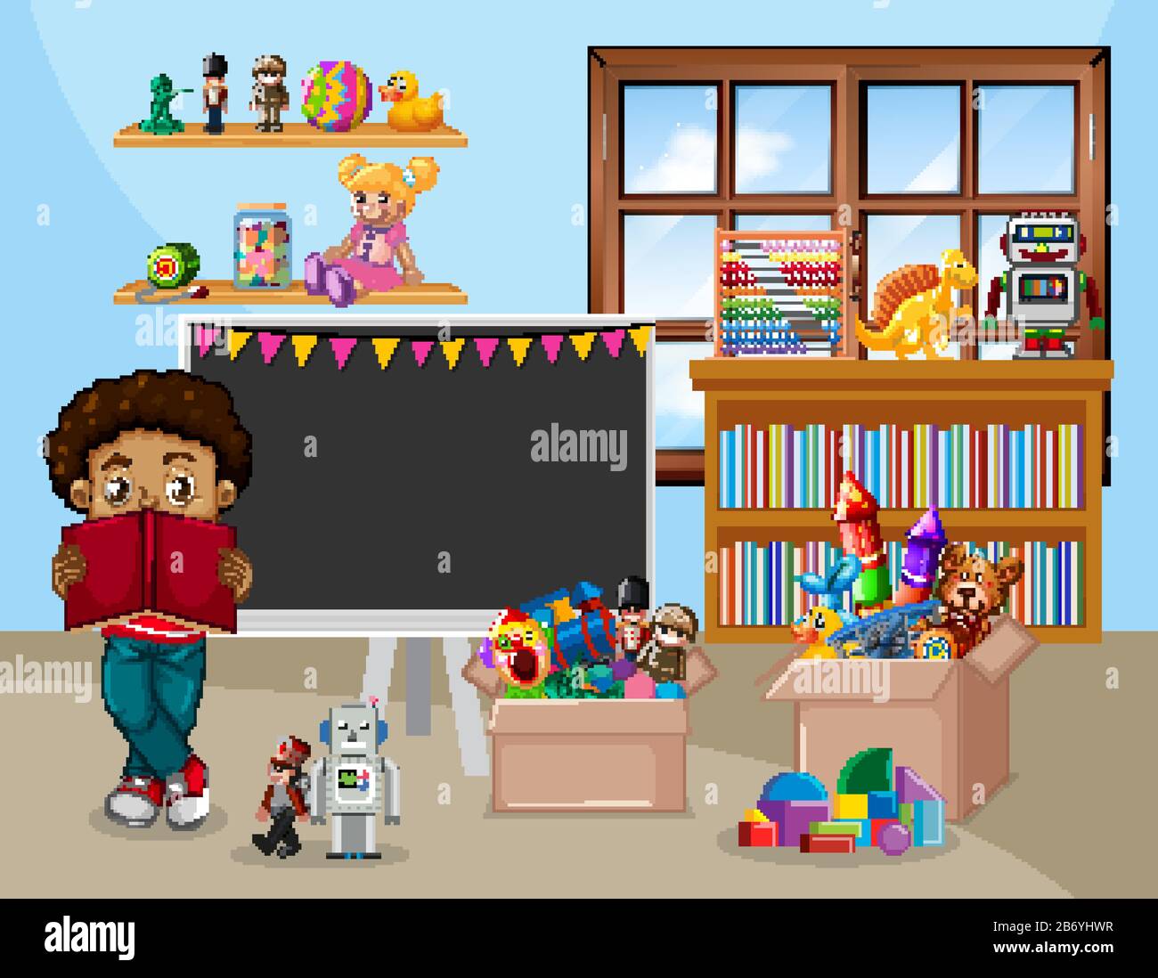 Scene with boy reading book in the classroom illustration Stock Vector ...