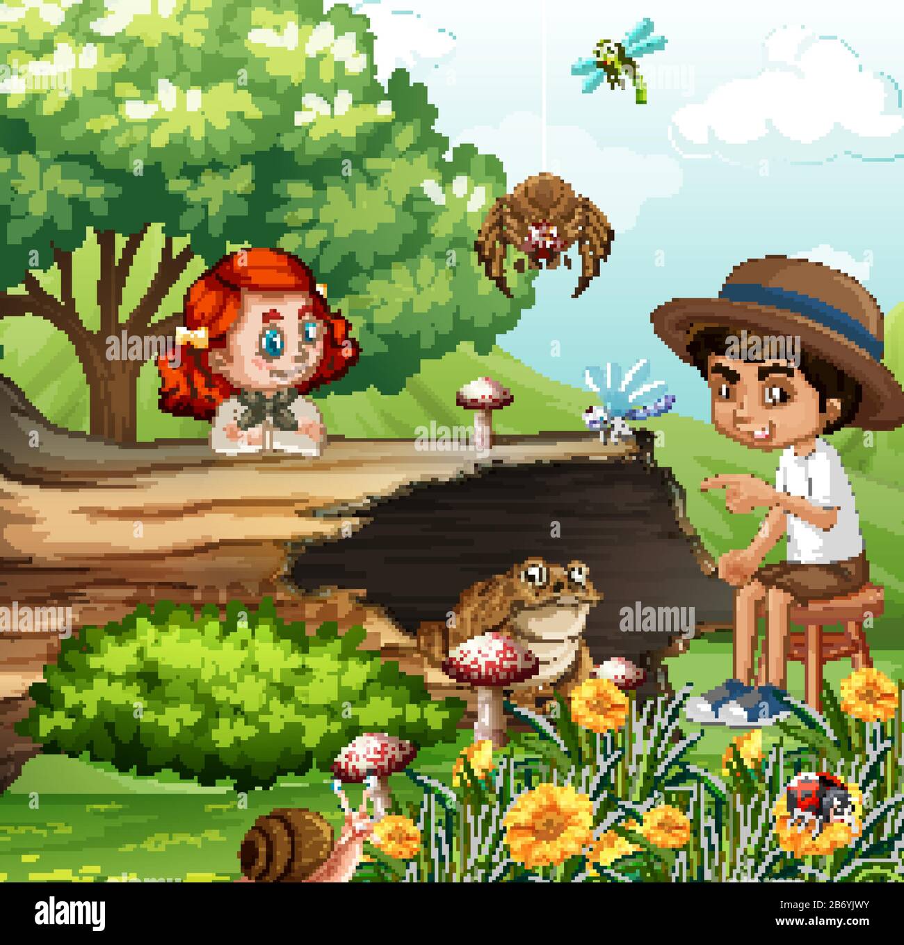 Scene with kids and animals in the garden illustration Stock Vector ...