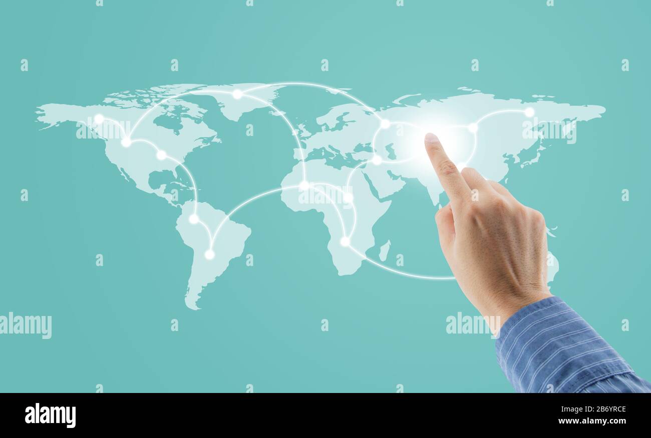 Man hand touching virtual screen isolated on white background Stock ...