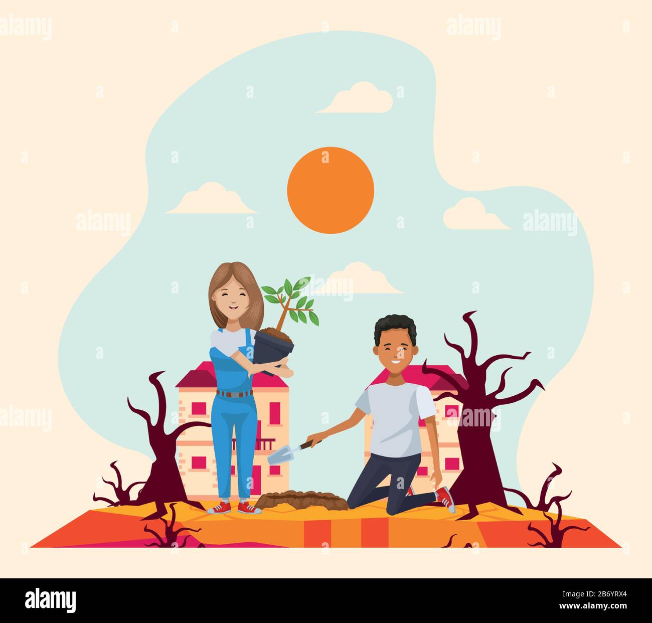 couple of environmentalists in dry forest characters Stock Vector Image ...