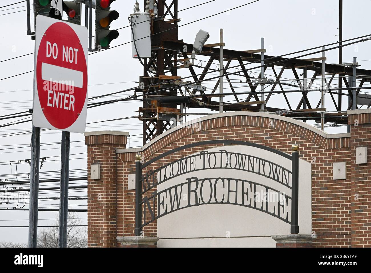 Wrought Iron sign “Welcome To Downtown New Rochelle” seen at highway ...
