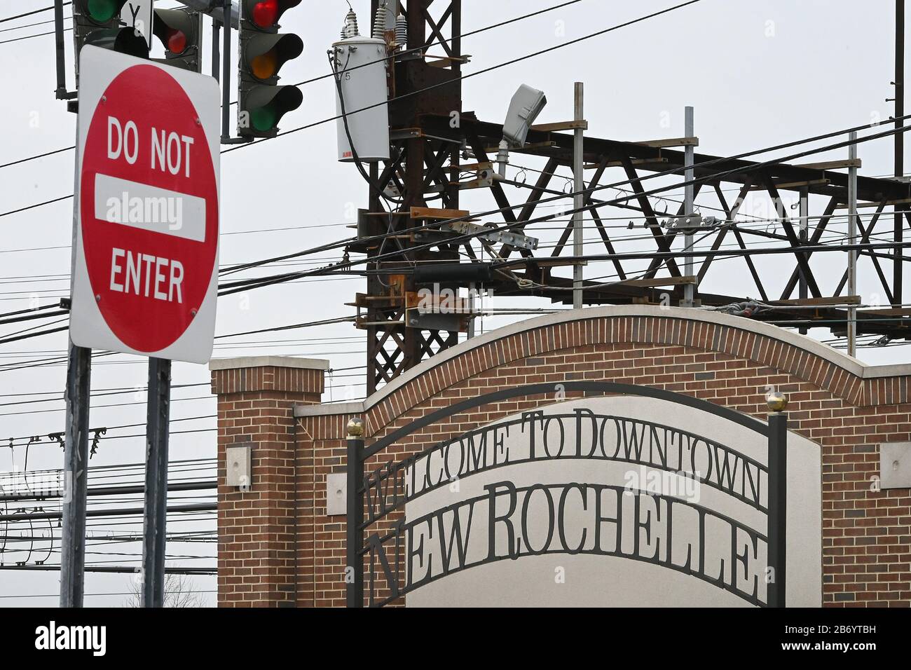 Wrought Iron sign “Welcome To Downtown New Rochelle” seen at highway ...