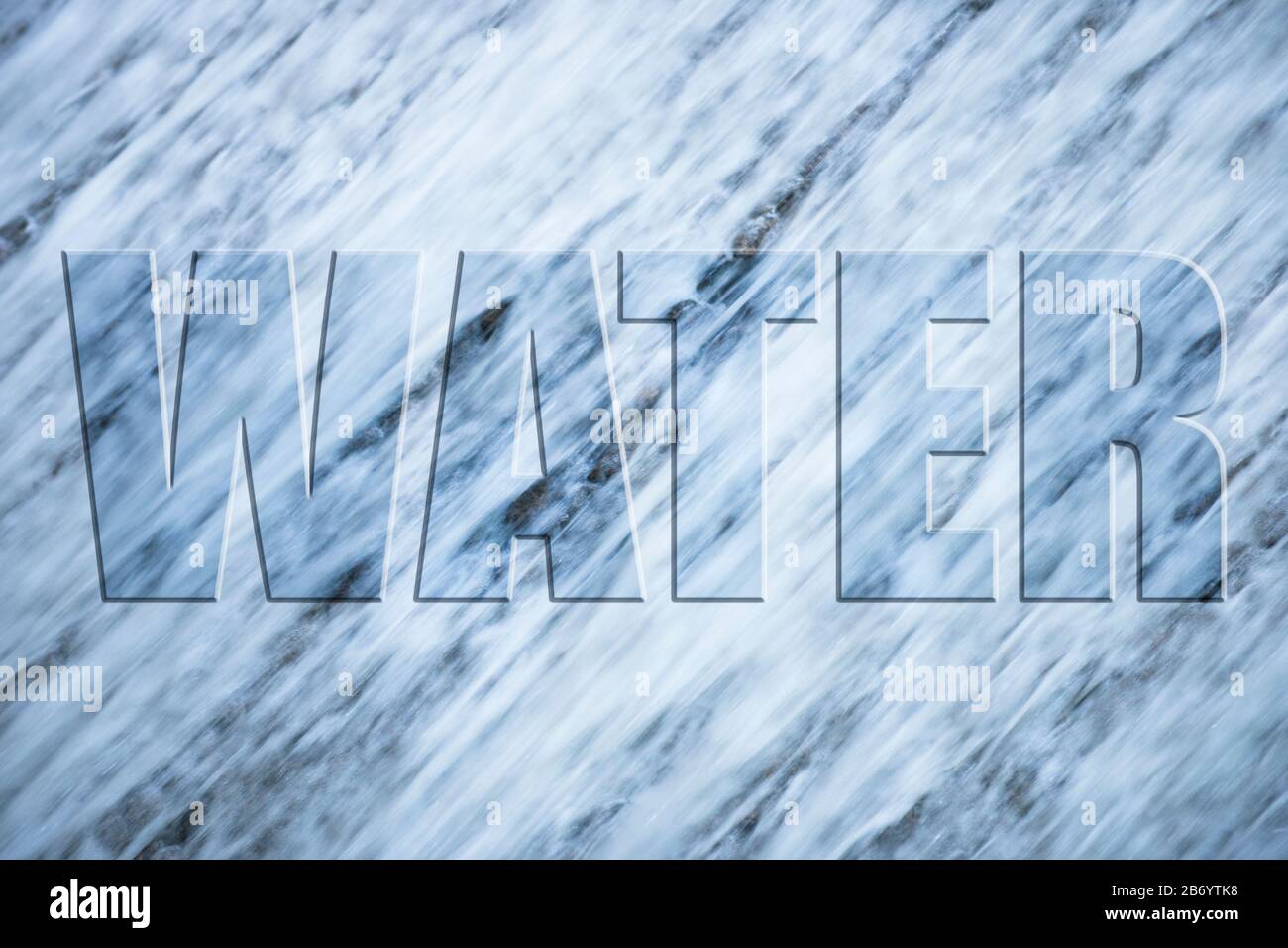 3D water word with texture and background of waterfall in blue and ...