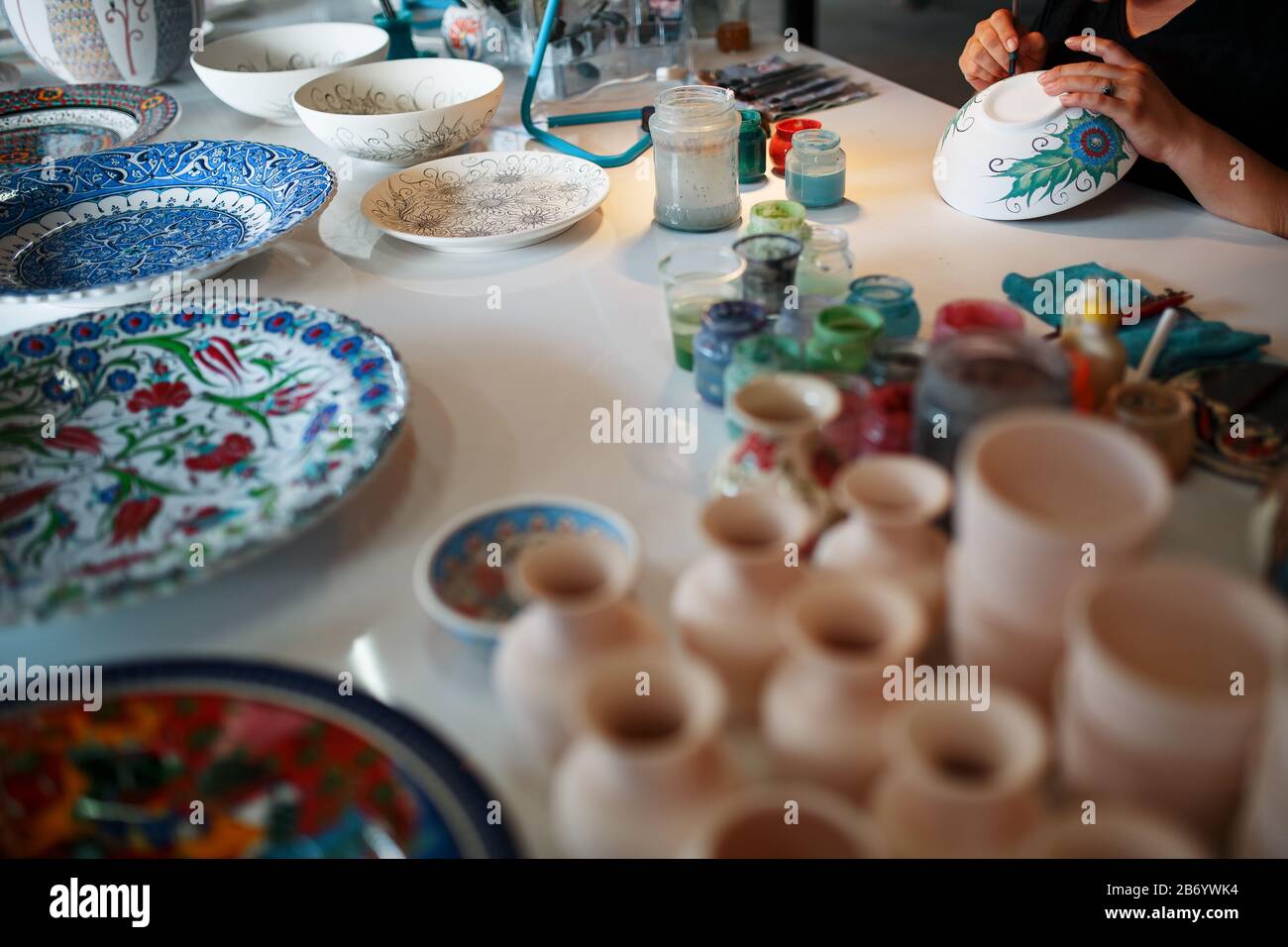 Painting porcelain plates with the hands of a professional craftsman ...