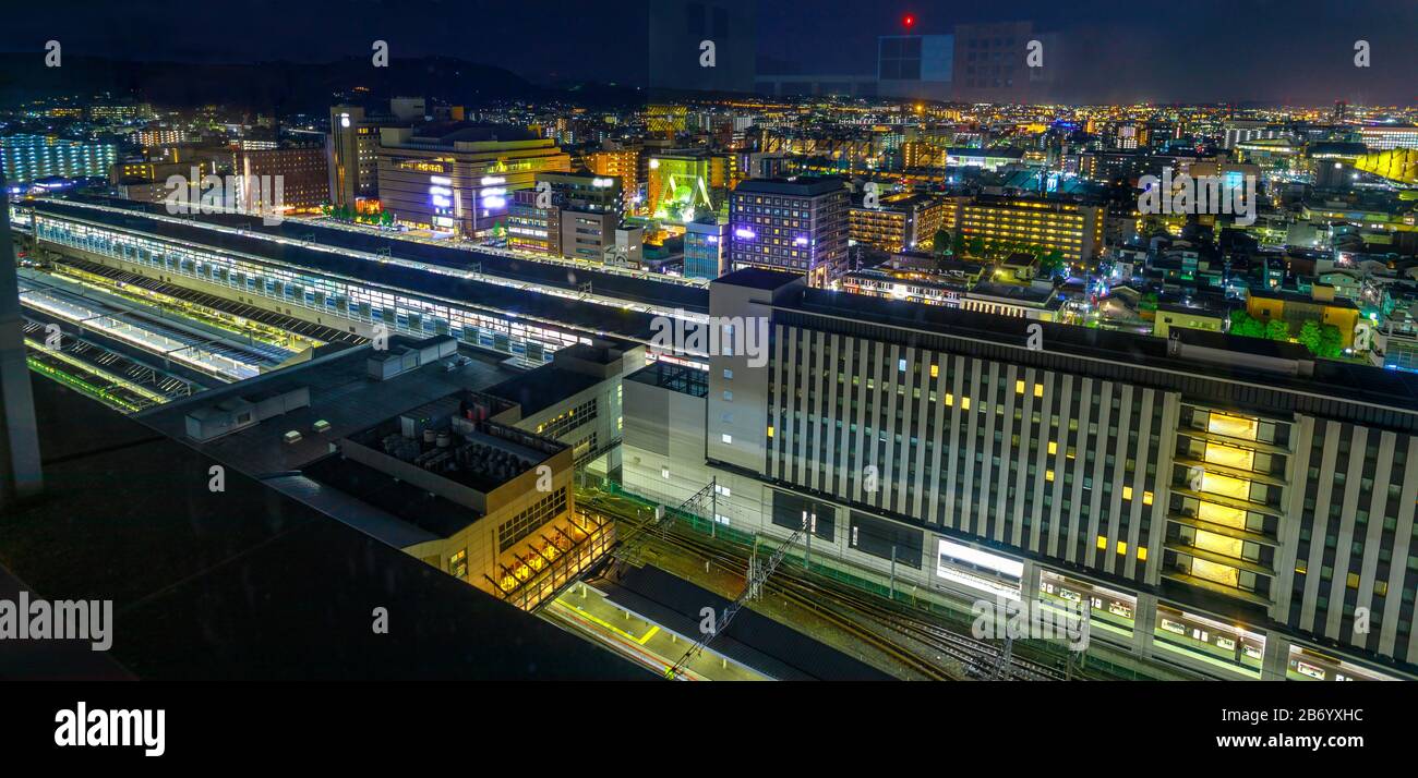 Aerial view of Kyoto night Cityscape Skyline from outdoor observation ...