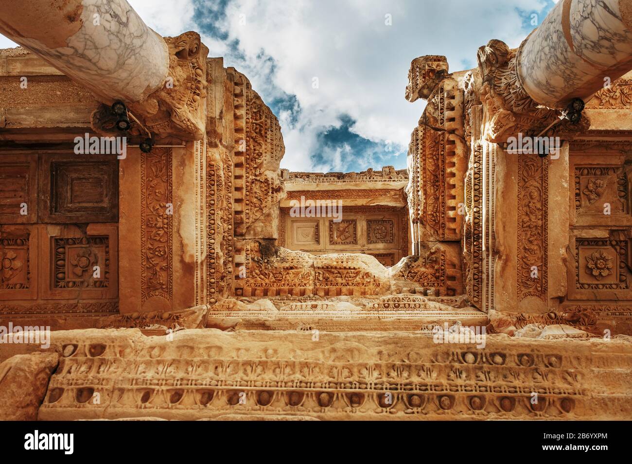 Elements of the columns of the architectural structure against the blue ...